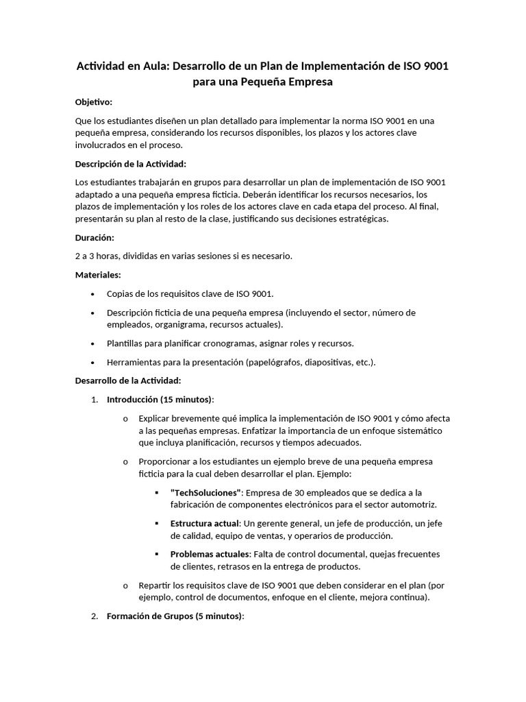 Trabajo en Equipo. Plan de Implementacion Un Sistema ISO9001 | PDF