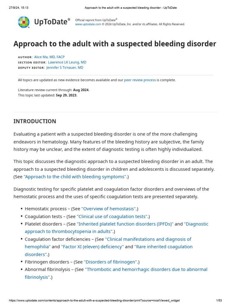 Approach To The Adult With A Suspected Bleeding Disorder - UpToDate | PDF