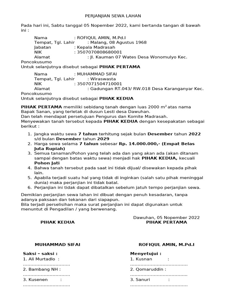 Perjanjian Sewa Lahan | PDF