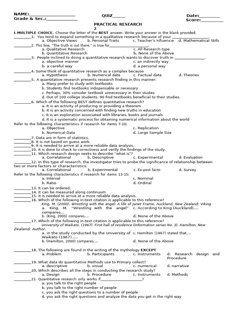Practical Research 2 Quiz | PDF | Quantitative Research | Qualitative ...