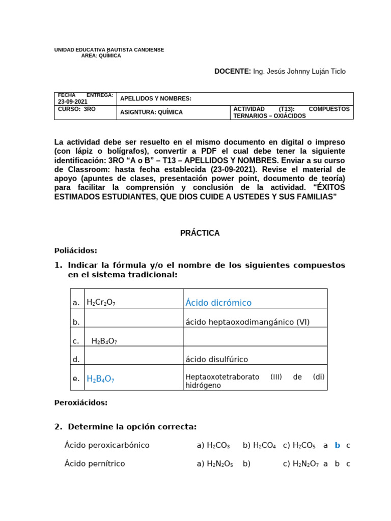 Compuestos Ternarios - Oxiácidos - 3ro A | PDF