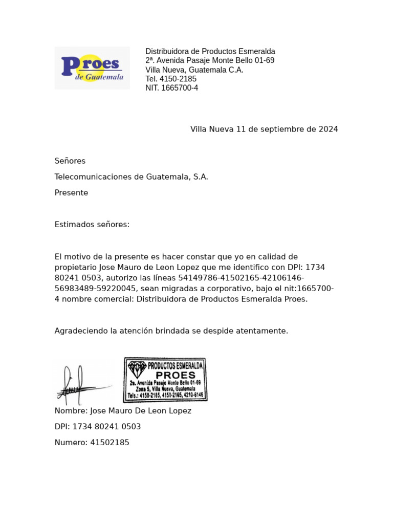 Carta Distribuidora de Productos Esmeralda Proes | PDF