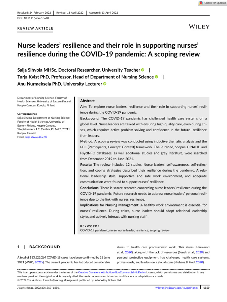 J Nursing Management - 2022 - Sihvola - Nurse Leaders Resilience and ...