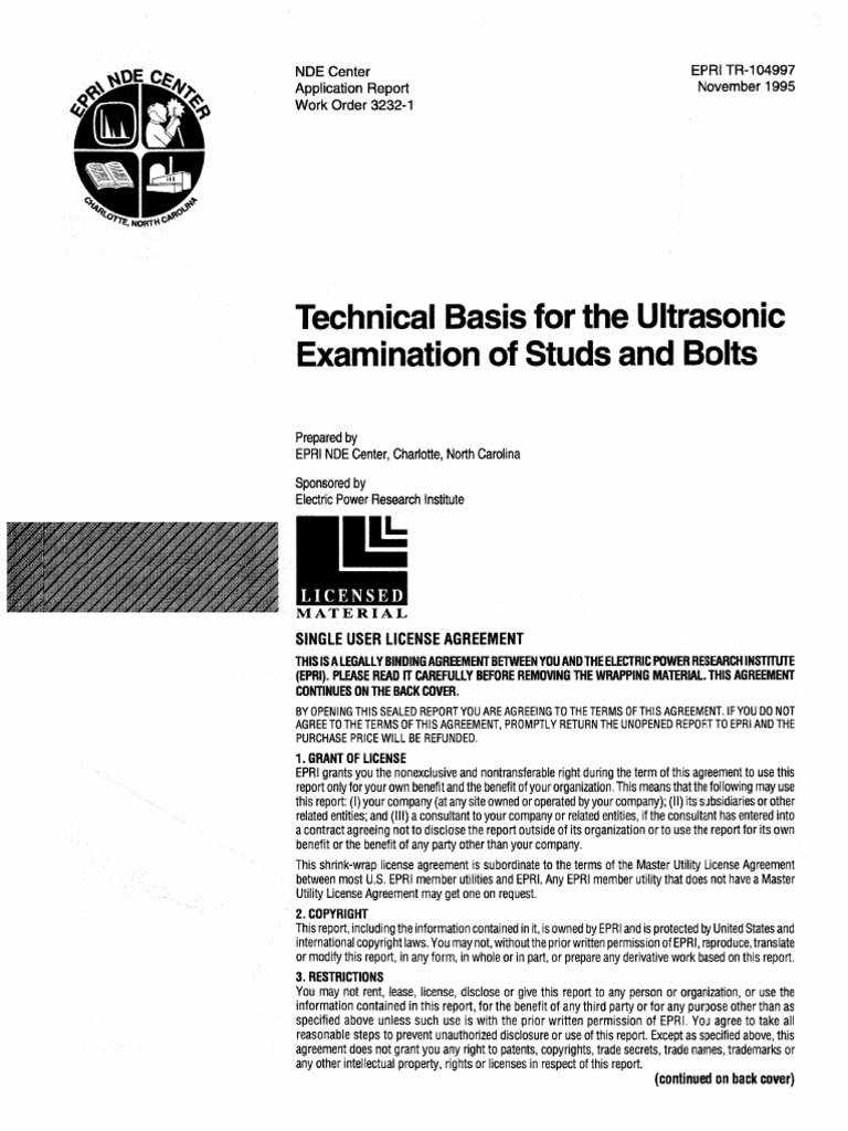 TR_104997_Technical Basis for the Ultrasonic Examination of Studs and Bolts | PDF