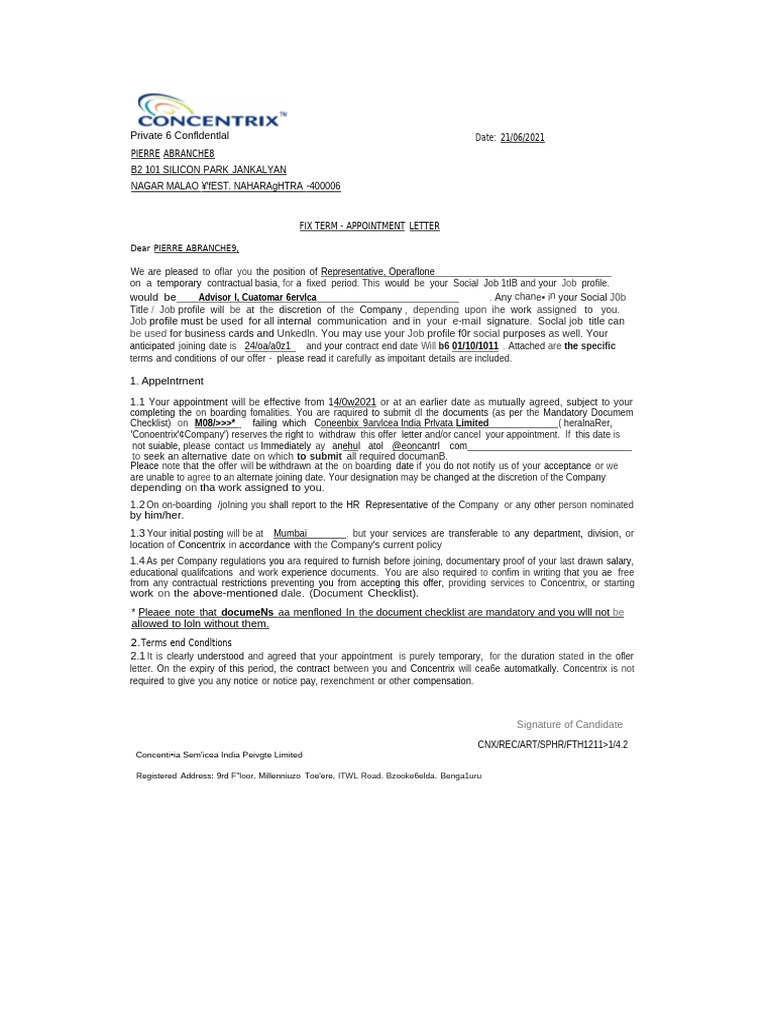 Offer Letter Tybms B 3101 Abranches Pierre | PDF