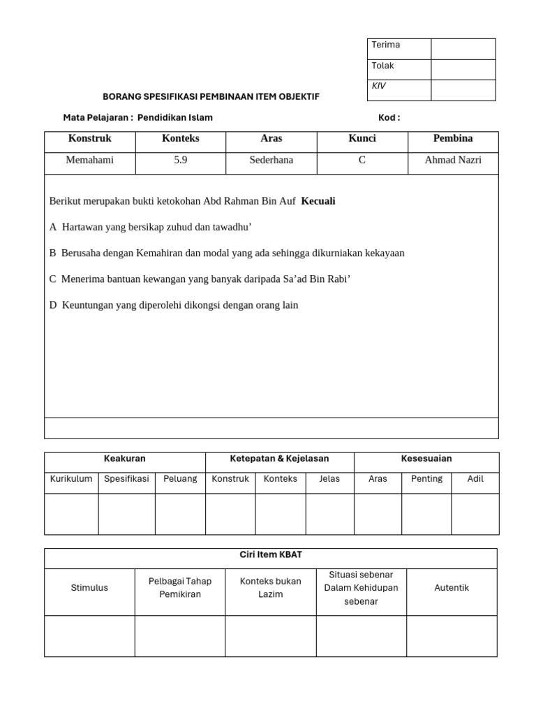 Borang Objektif Uasa t3 Sirah - Akhlak | PDF