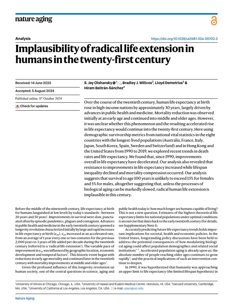 Implausibility of Radical Life Extension in Humans in The Twenty-First ...
