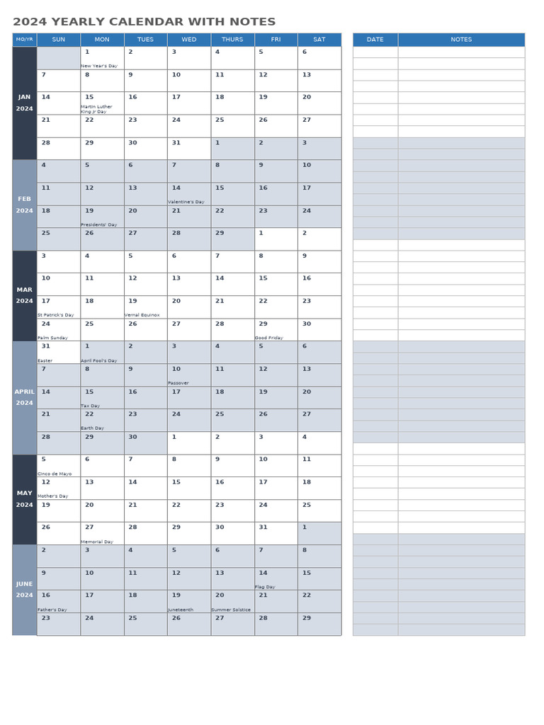IC 2024 Yearly Calendar With Notes | PDF