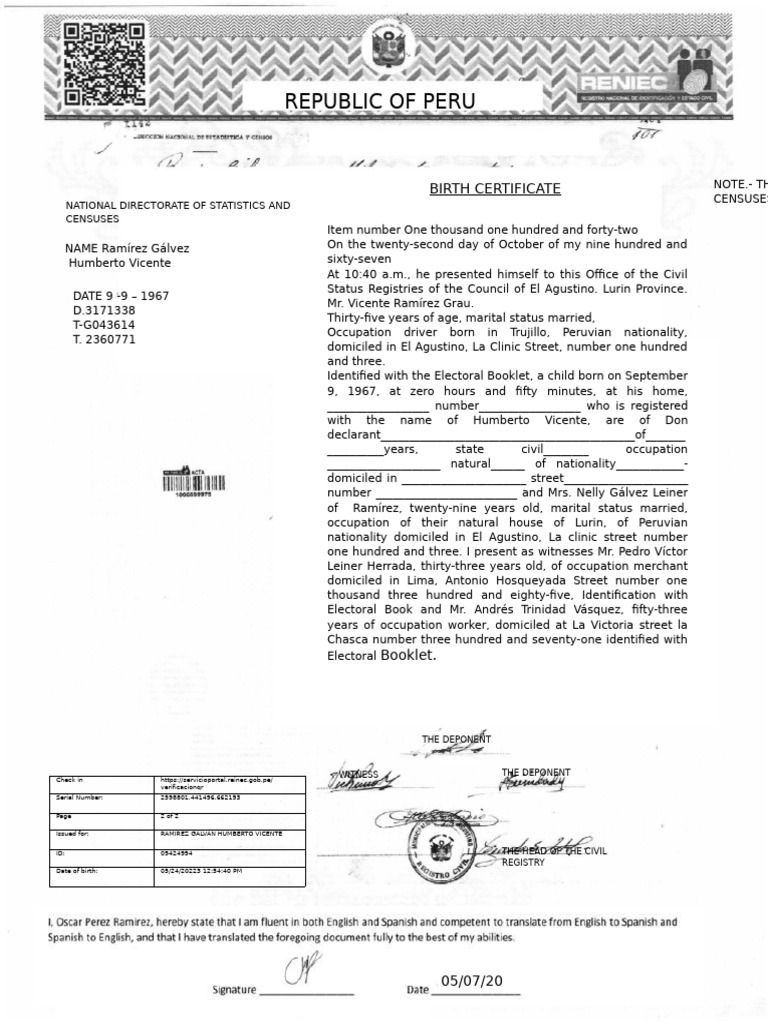 Republic of Peru: Birth Certificate | PDF
