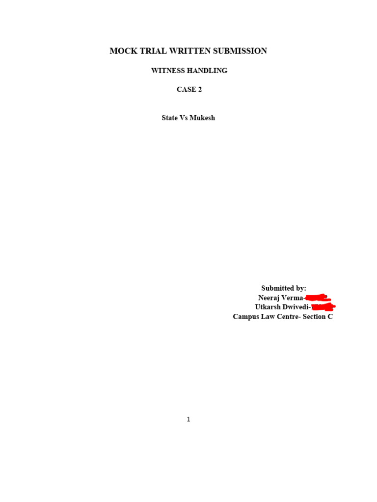 State Vs Mukesh Mock Trial Submission Pdf Prosecutor Witness