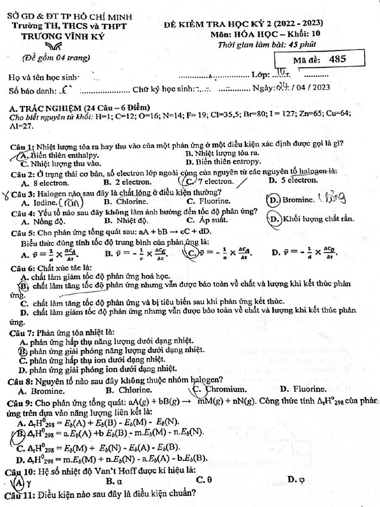 Đề thi hk2 hoá 10-THPT Trương Vĩnh Ký | PDF