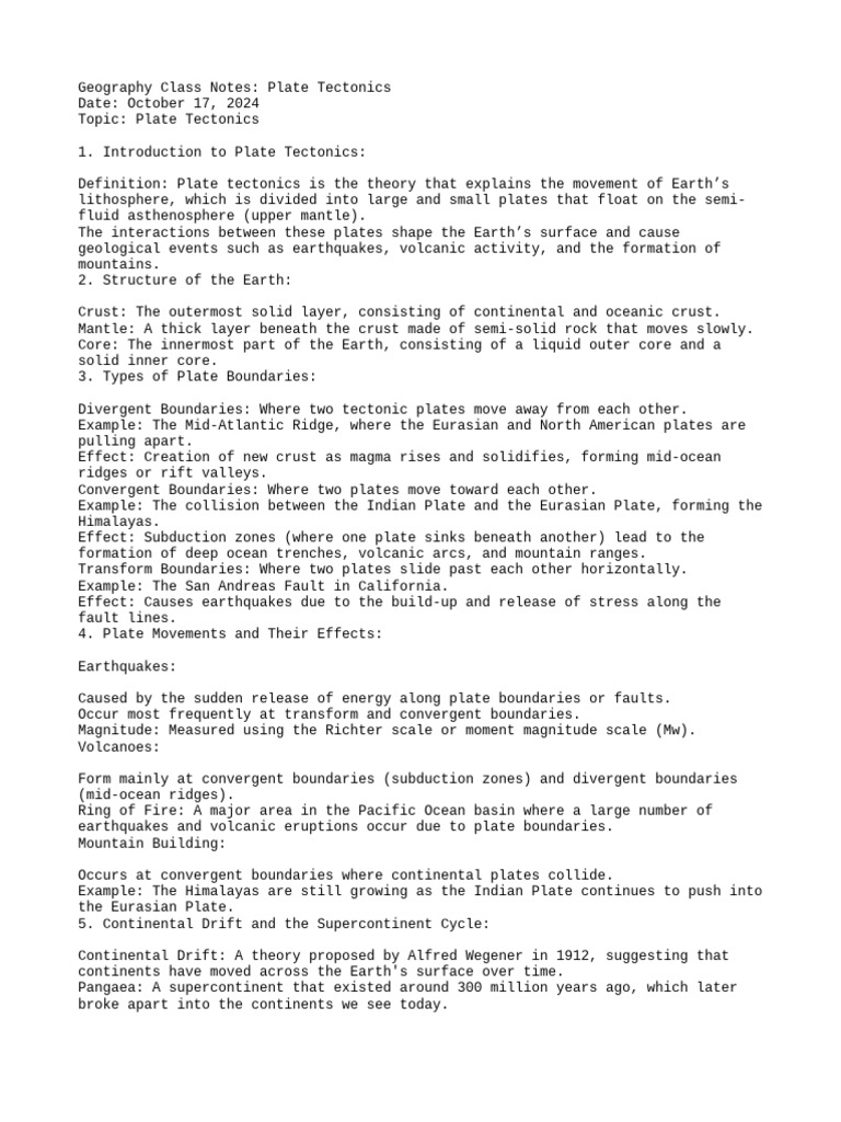 Geography Class Notes Plate Tectonics | PDF