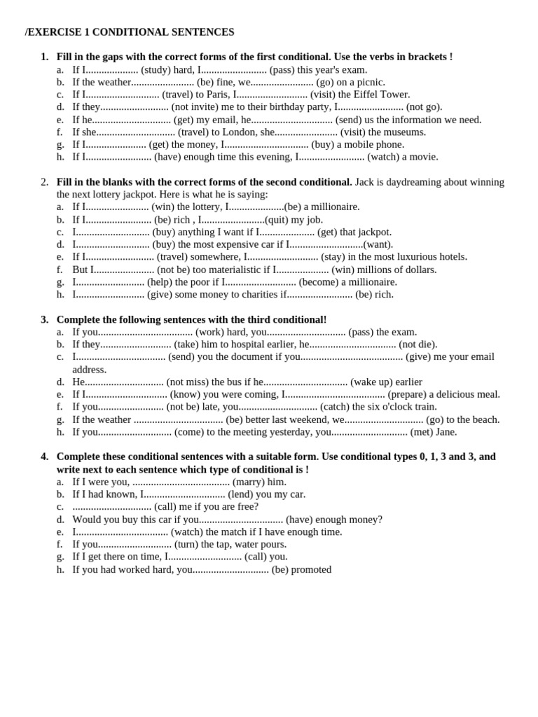 EXERCISE Conditional Sentences Type 1 2 3 | PDF