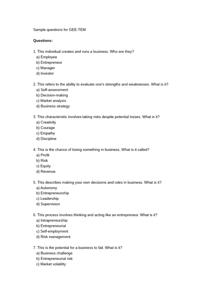 Sample Question GEE TEM | PDF | Partnership | Entrepreneurship