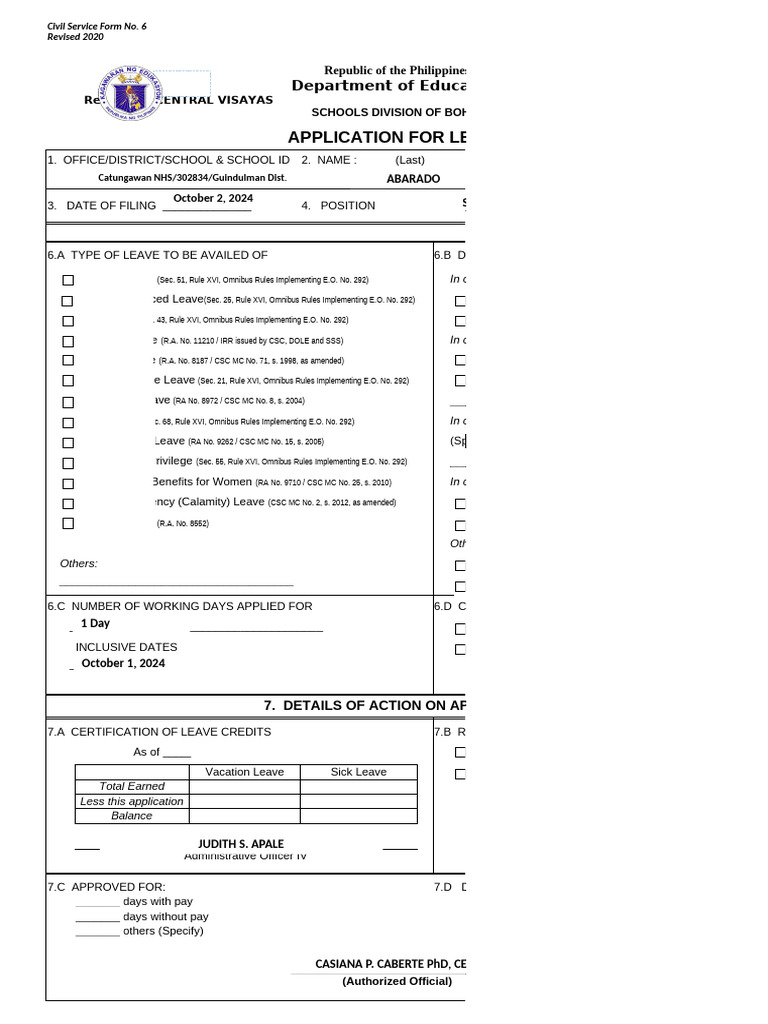 CS Form No. 6 Revised 2020 Application For Leave Fillable 1 | PDF