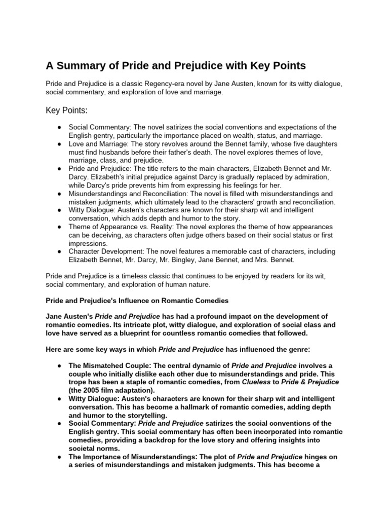 Pride and Prejudice Summary | PDF | Pride And Prejudice | Novels About ...