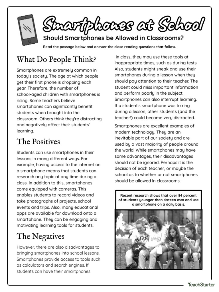 Should Smartphones Be Allowedin Class Comprehension Worksheets Adobe ...