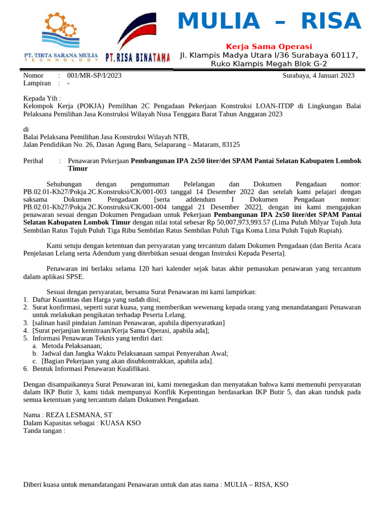 02 Surat Penawaran KSO | PDF