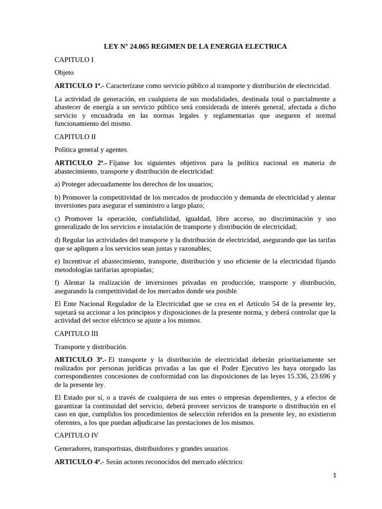 LEY N° 24.065 REGIMEN DE LA ENERGIA ELECTRICA | PDF
