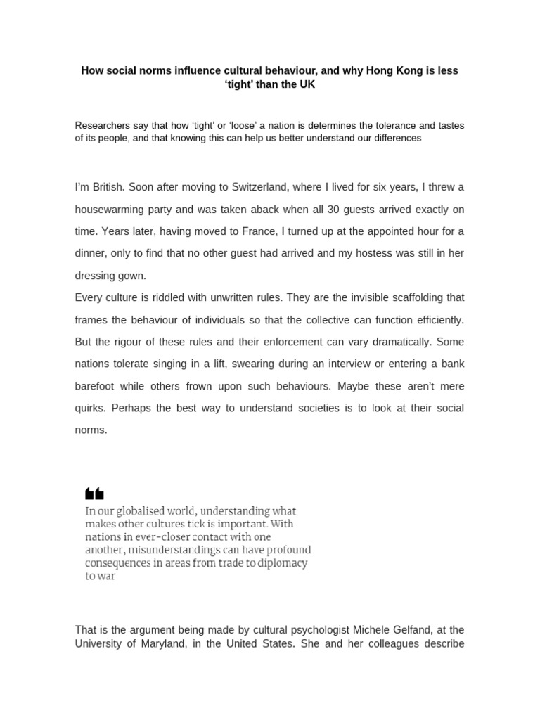 How Social Norms Influence Cultural Behaviour | PDF