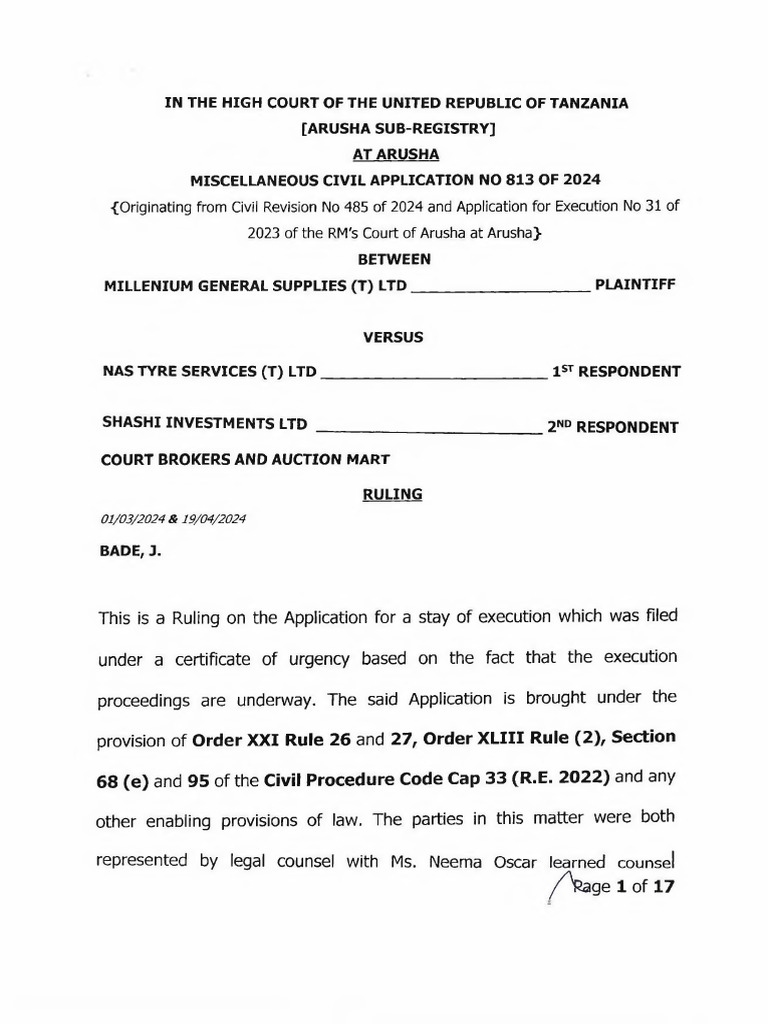 Millenium General Supplies (T) LTD Vs Nas Tyres Services (T) LTD and ...