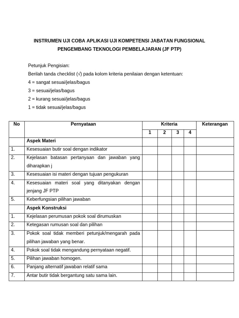 Instrumen Uji Coba Aplikasi Uji Kompetensi JF PTP | PDF