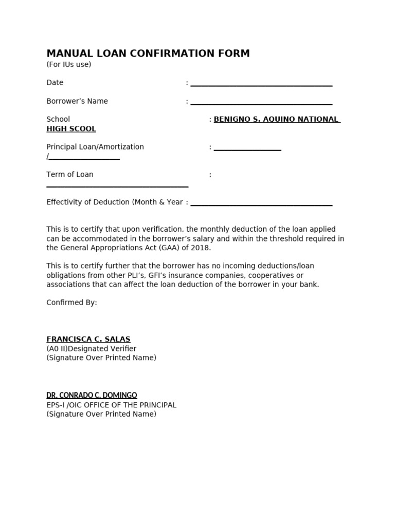 Manual Loan Confirmation Form (Standard) | PDF