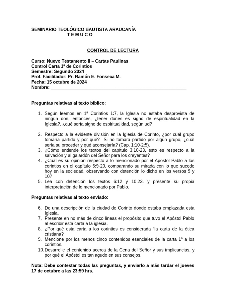 Control 1a de Corintios | PDF