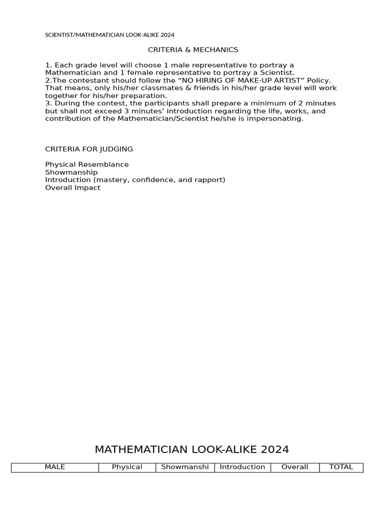 FINAL SCIENTIST Look Alike Criteria and Mechanics | PDF
