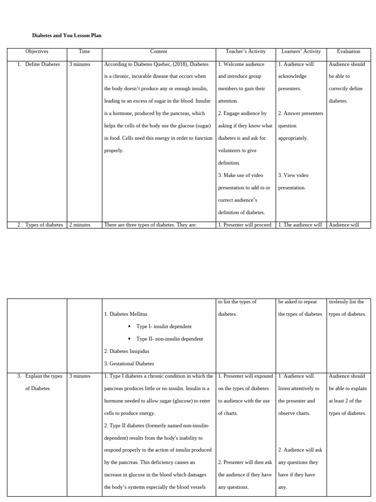 Diabetes Lesson Plan | PDF