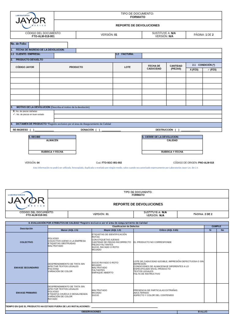 FTO-ALM-018-001 V01 Reporte de Devoluciones | PDF