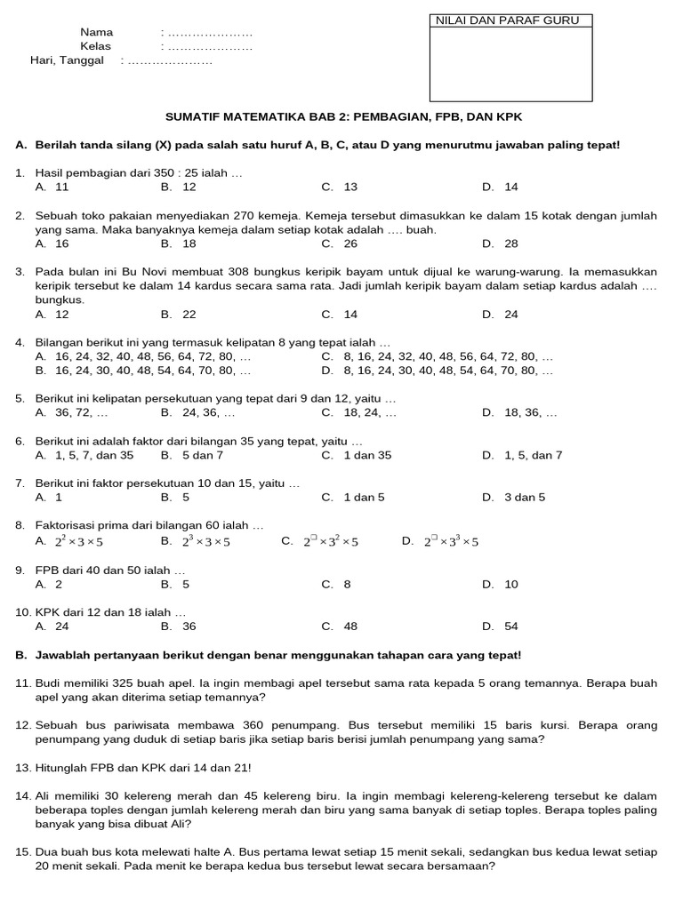 Sumatif Matematika Bab 2 | PDF