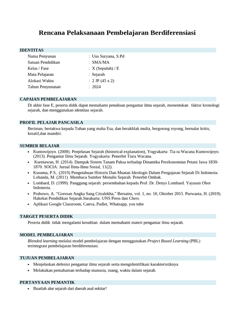 Rencana Pelaksanaan Pembelajaran Berdiferensiasi: Identitas | PDF