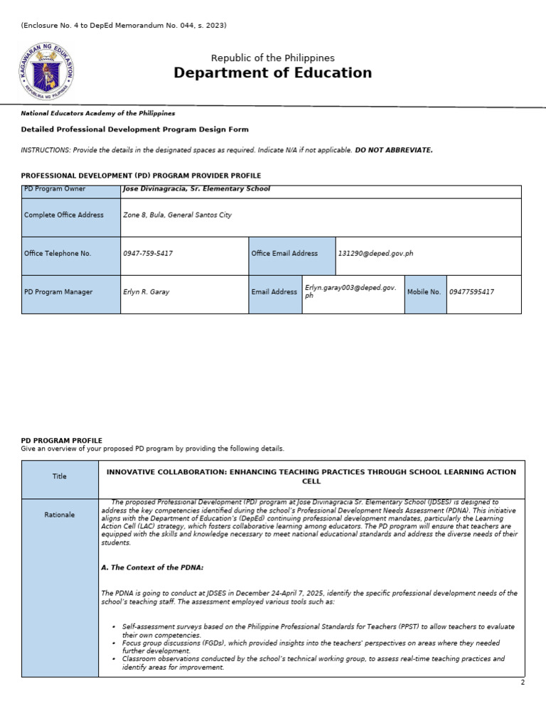 Enclosure No. 4 Detailed PD Program Design and M - E Plan Form | PDF