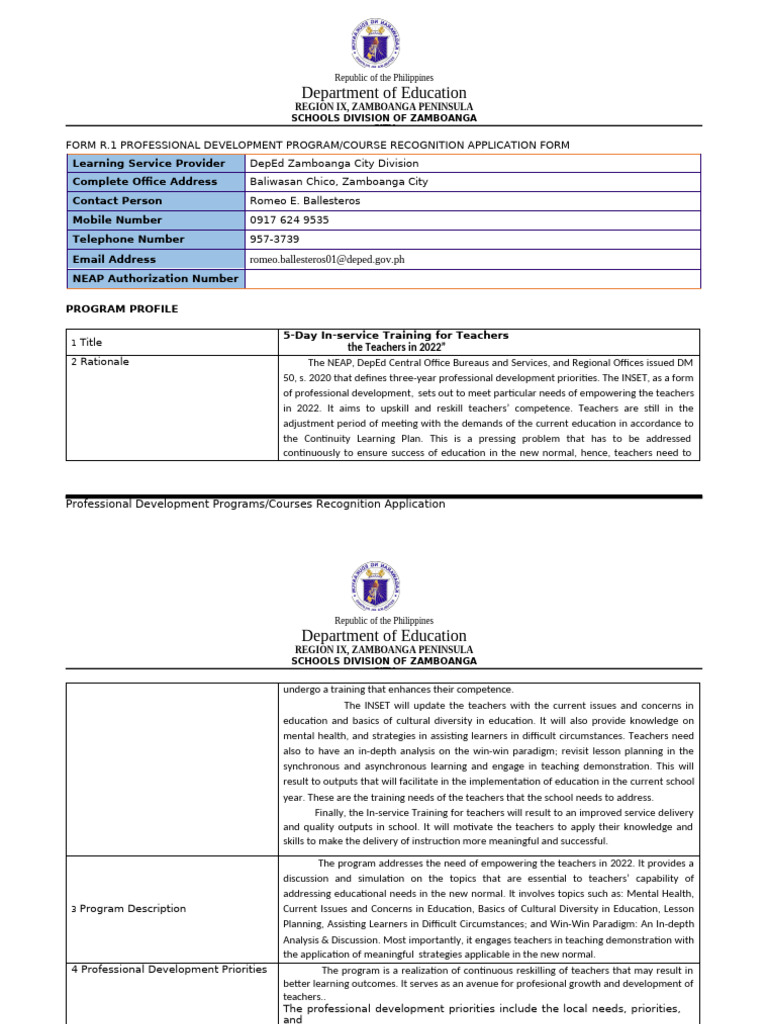 Form r1 Professional Development Program Application Form - Compress | PDF