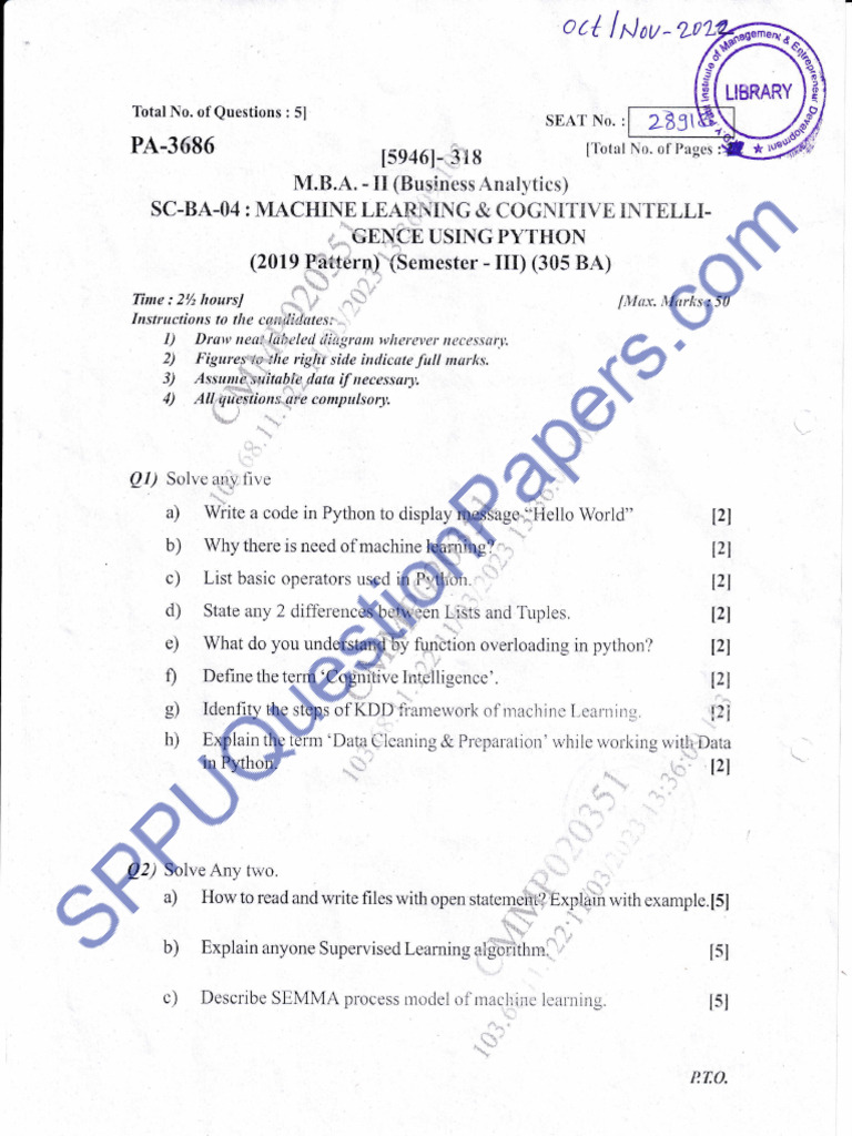 Postgraduate Pg Mba Semester 3 2022 November Machine Learning and ...