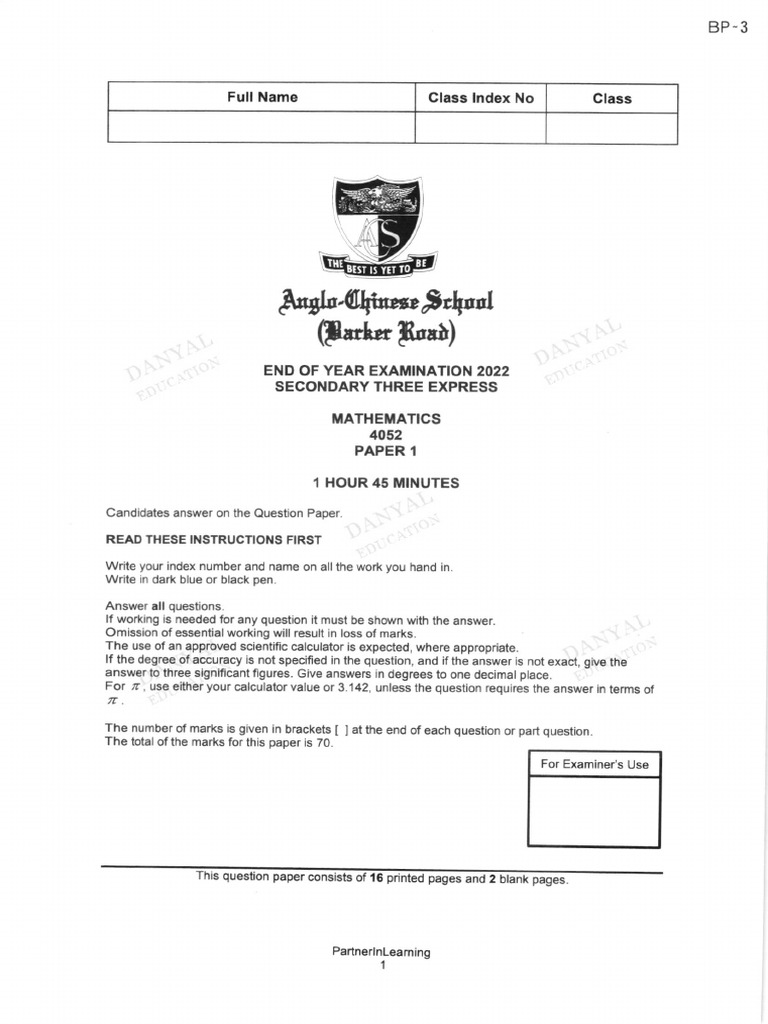 Anglo Chinese School E Math Sec 3 Group 3 EOY 2022 | PDF