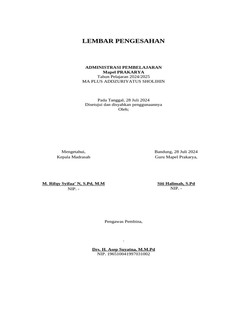 Lembar Pengesahan Perangkat Pembelajaran | PDF