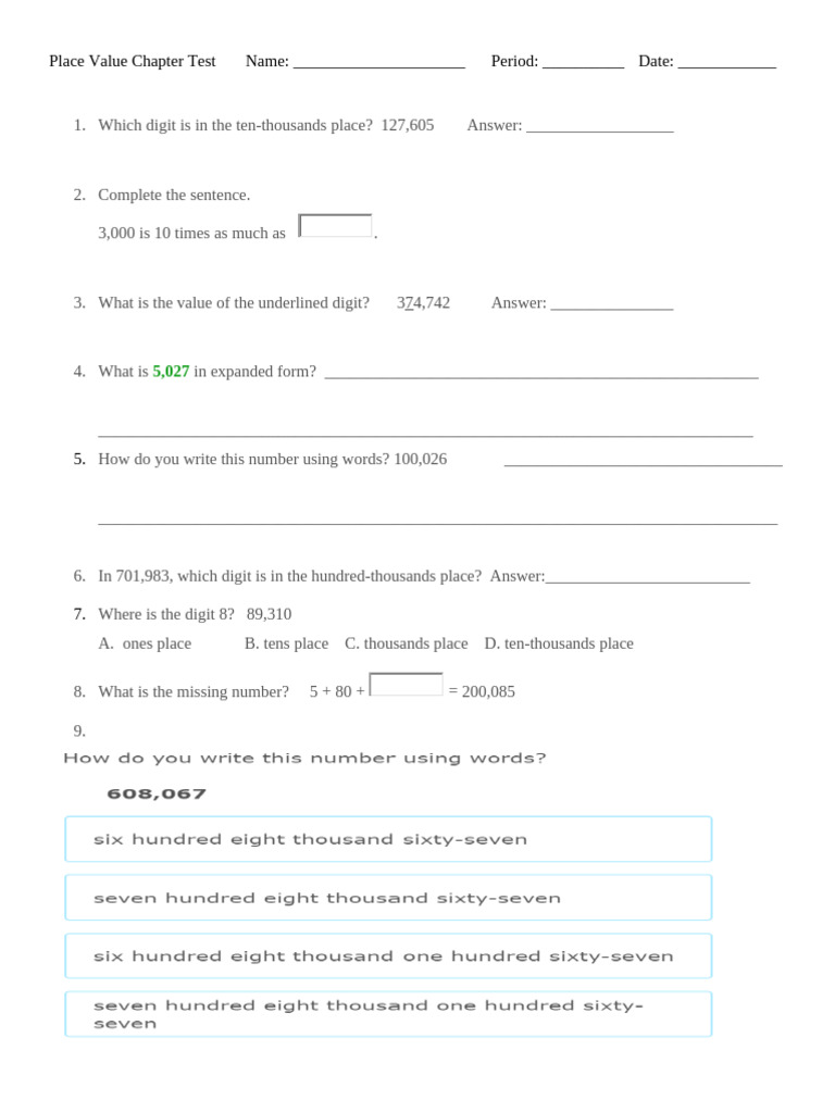 Place Value Chapter Test | PDF