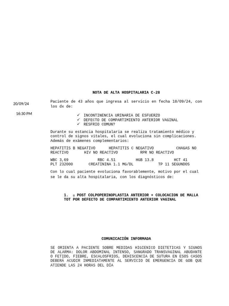 NOTA DE ALTA HOSPITALARIA 26.11 | PDF
