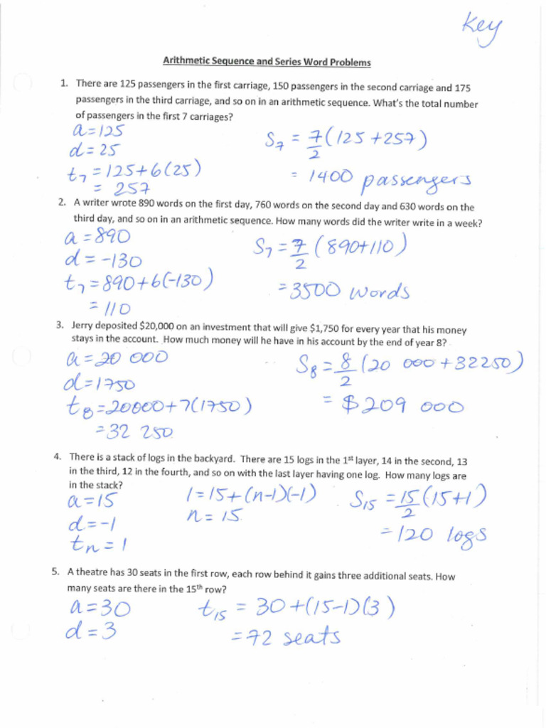 Arithmetic Sequence and Series Word Problem Assignment Answers | PDF