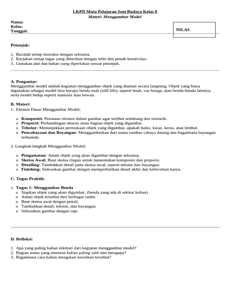 LKPD Mata Pelajaran Seni Budaya Kelas 8 | PDF