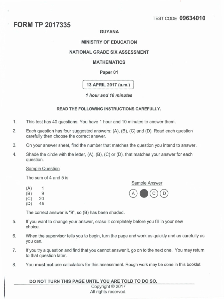 National Grade 6 Assessment 2017 Mathematics Paper 1 | PDF
