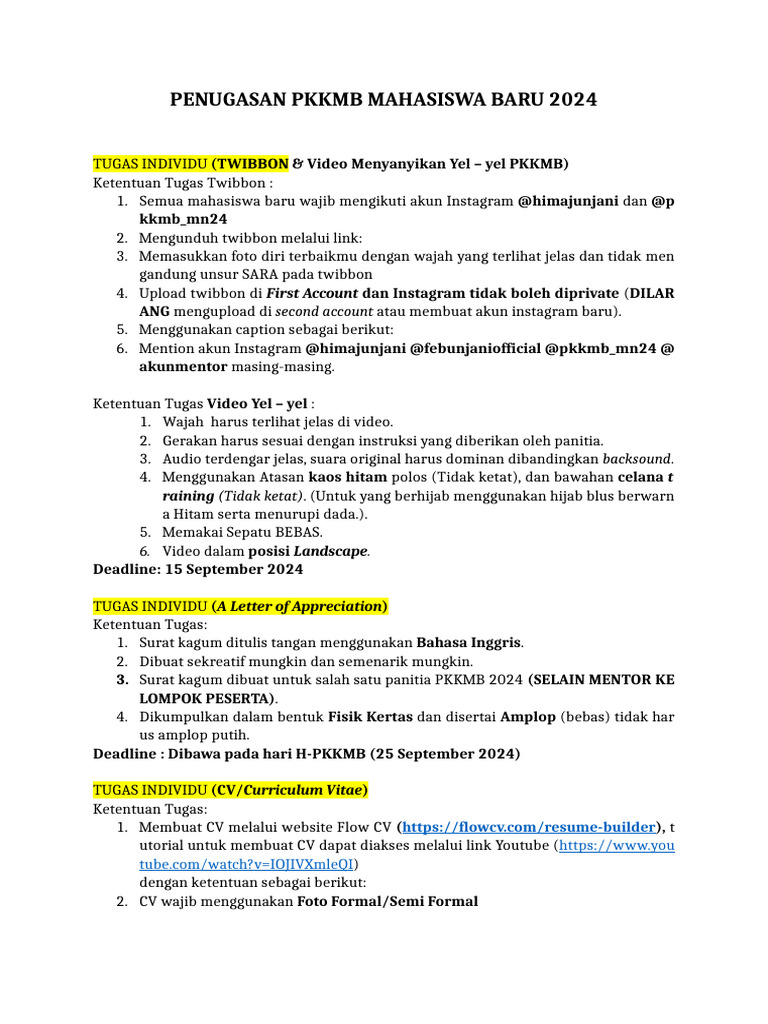 Tugas PKKMB Mahasiswa Baru 2024 | PDF