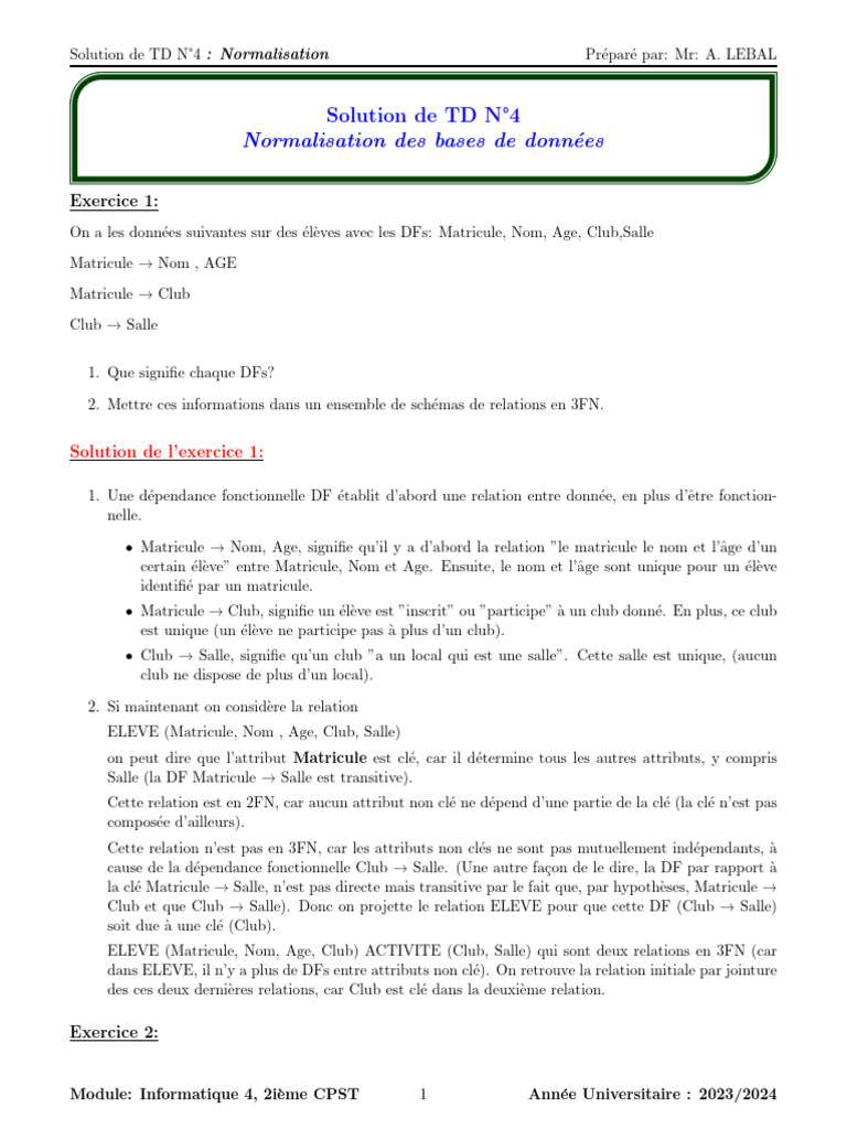 Solution TD04 Normalisation | PDF