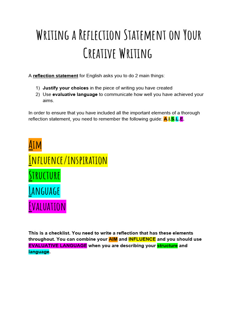 Creative Writing Reflection Checklist - AISLE | PDF