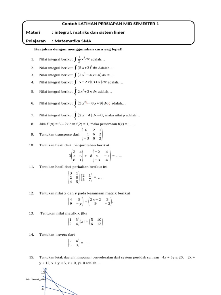 Contoh Soal Latihan Persiapan Mid Sma 12 Materi Integral Matriks Dan ...