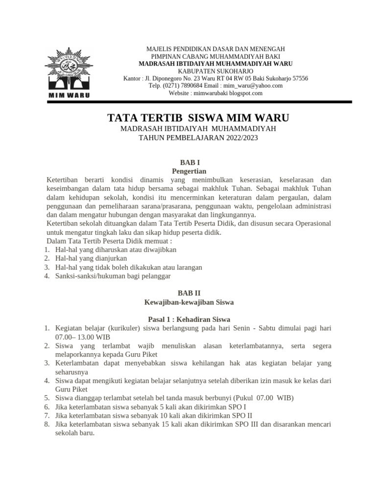 Peraturan Dan Tata Tertib Siswa Mim Waru 2022-2023 | PDF
