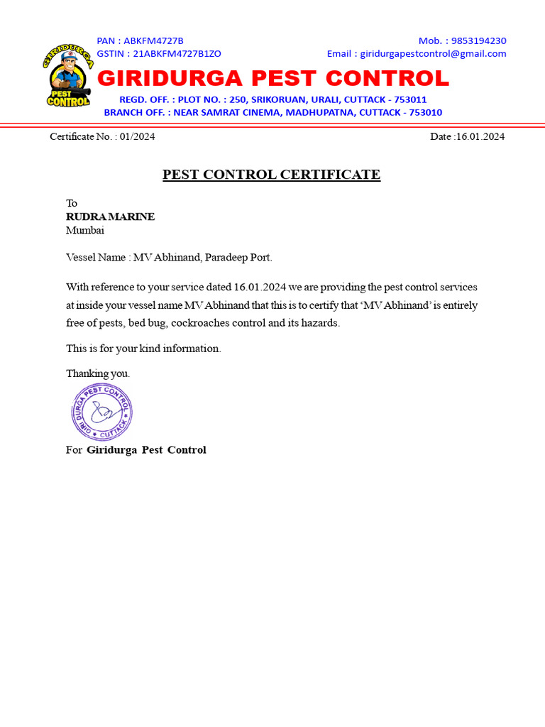 Pest Control Certificate | PDF