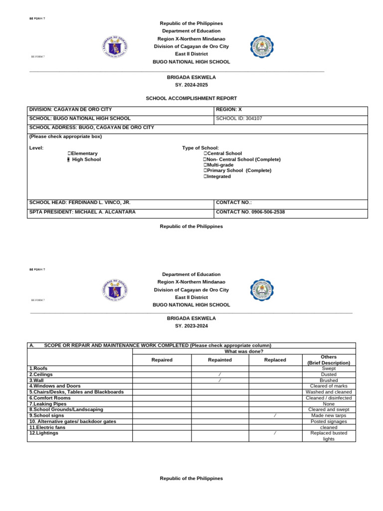 Brigada Eskwela Form 7 School Accomplishment Report | PDF
